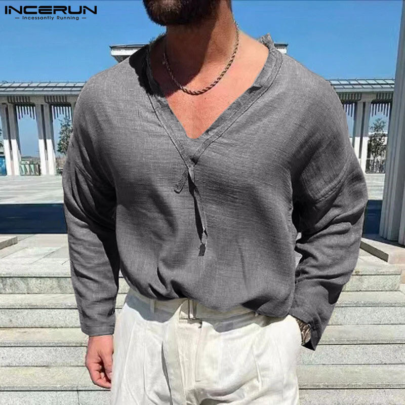 INCERUN Men Vintage Casual V-Neck Solid Color Long Sleeve Design T ...