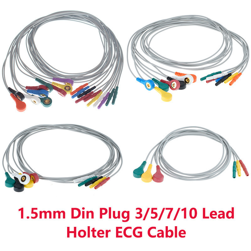 1.5mm Din Plug Holter ECG EKG 3/5/7/10 Lead Cable Snap Electrode ...