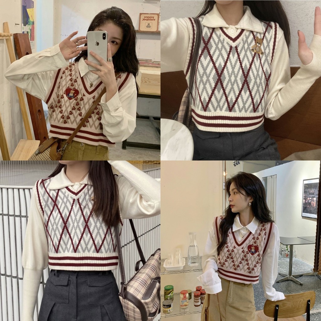 Evelyn Knitted Vest With Embroidered Chest Cute Plaid Shirt Casual ...