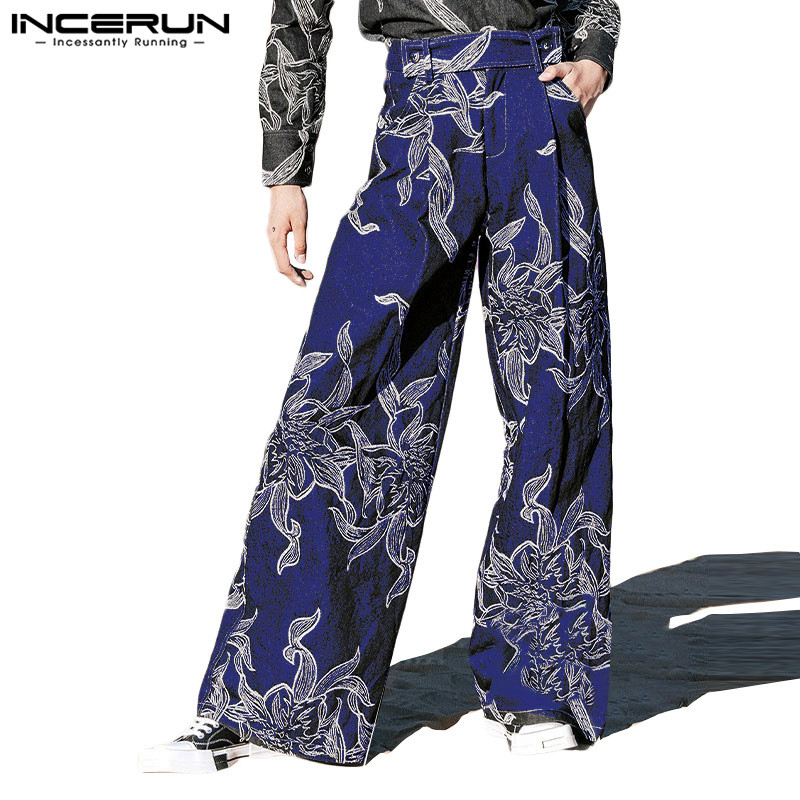 INCERUN Men Korean Fashion Floral Print Loose Wide Leg Trousers ...