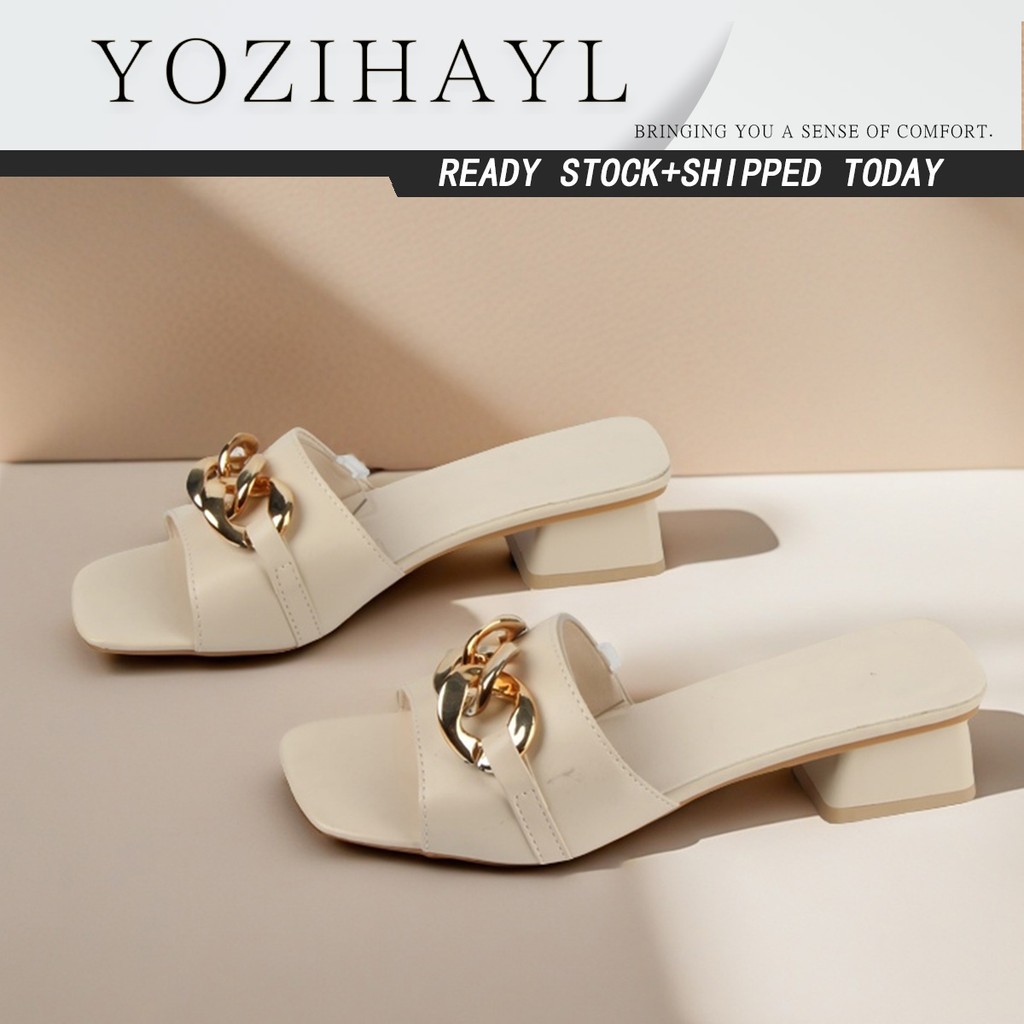 Women square toe slippers with thick heels and straight chain sloping ...
