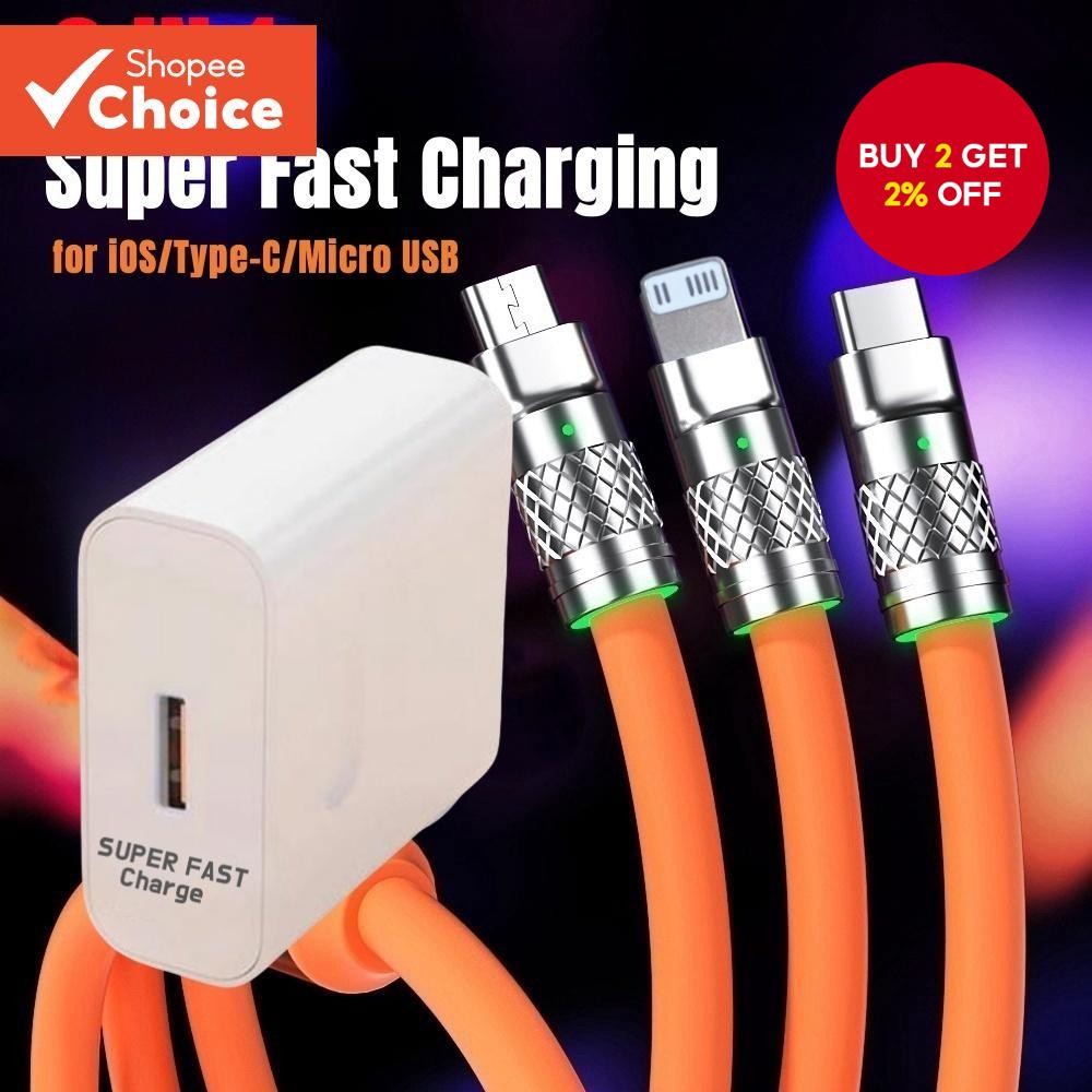 3 IN 1 Zinc Alloy 3.0 Liquid Silicone Metal 6A Quick Charging Cable And ...