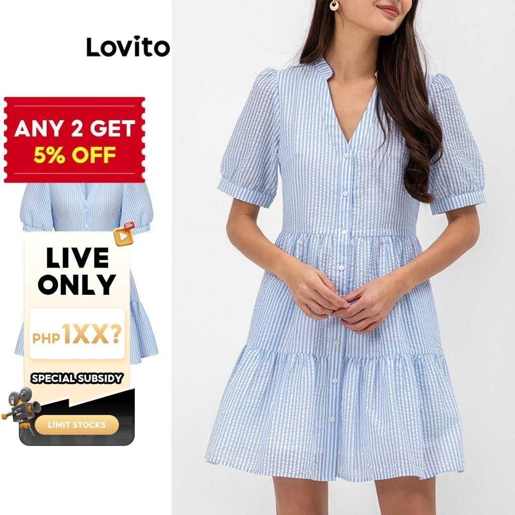 (KOL‘s pick) Lovito Women Casual Dress Striped Ruched Puff Sleeve Dress ...