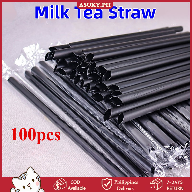 100PCS 23cm Boba Straw Sago Straw Black Individually Thin Packed Long ...