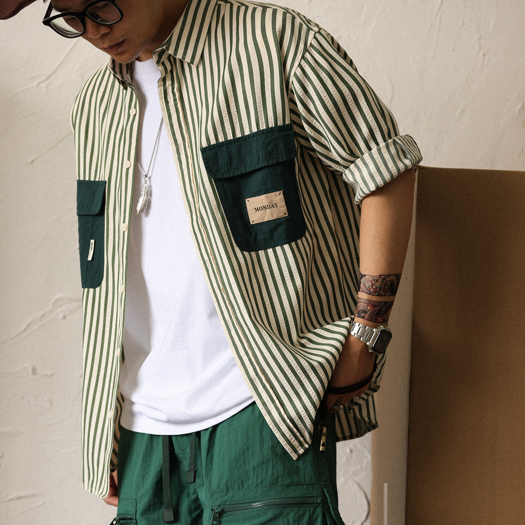 American Embossed Vertical Striped Shirt Men Japanese Casual Lapel ...