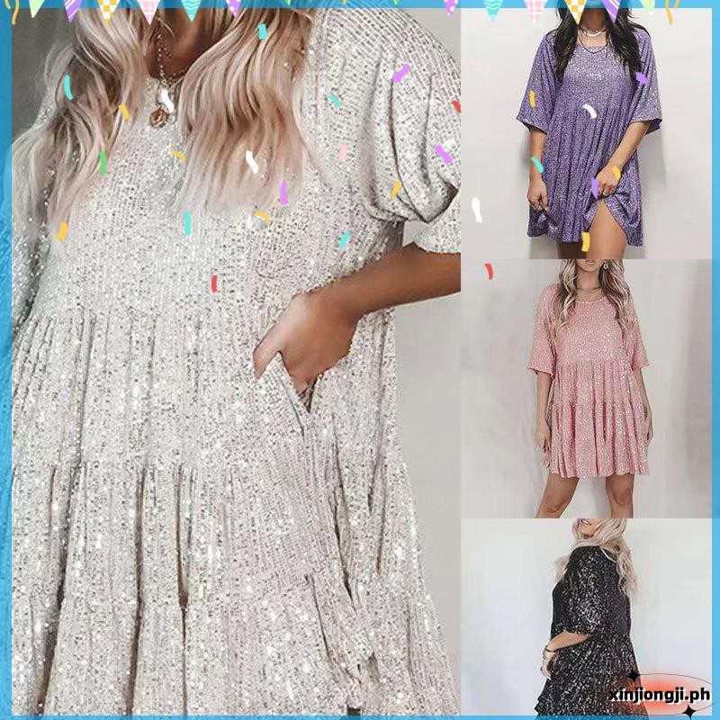 Shines Dresses For Women 2024 Sequin Glitter Short Sleeve Sparkly ...