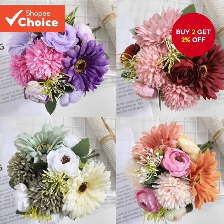 6pcs=1 Bouquet Artificial Flower Rose Gypsophila Dandelion Gerbera ...