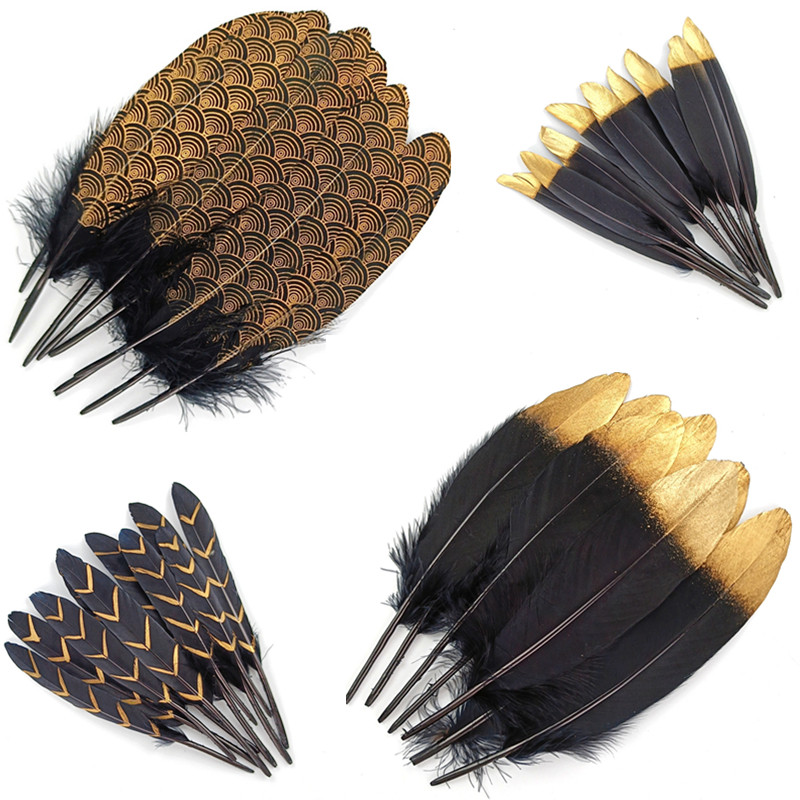 10Pcs/Lot Prime Gold Dipped Black Duck Goose Feathers for Jewelry ...