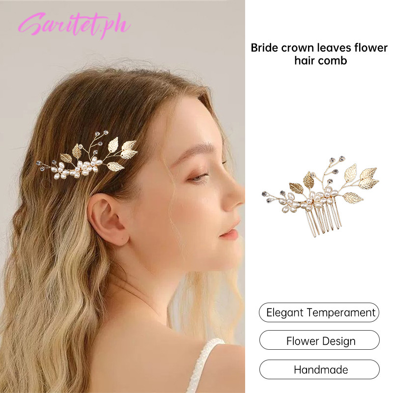Elegant Temperament Bride Crown Flower Hair Comb Handmade Unique Golden ...