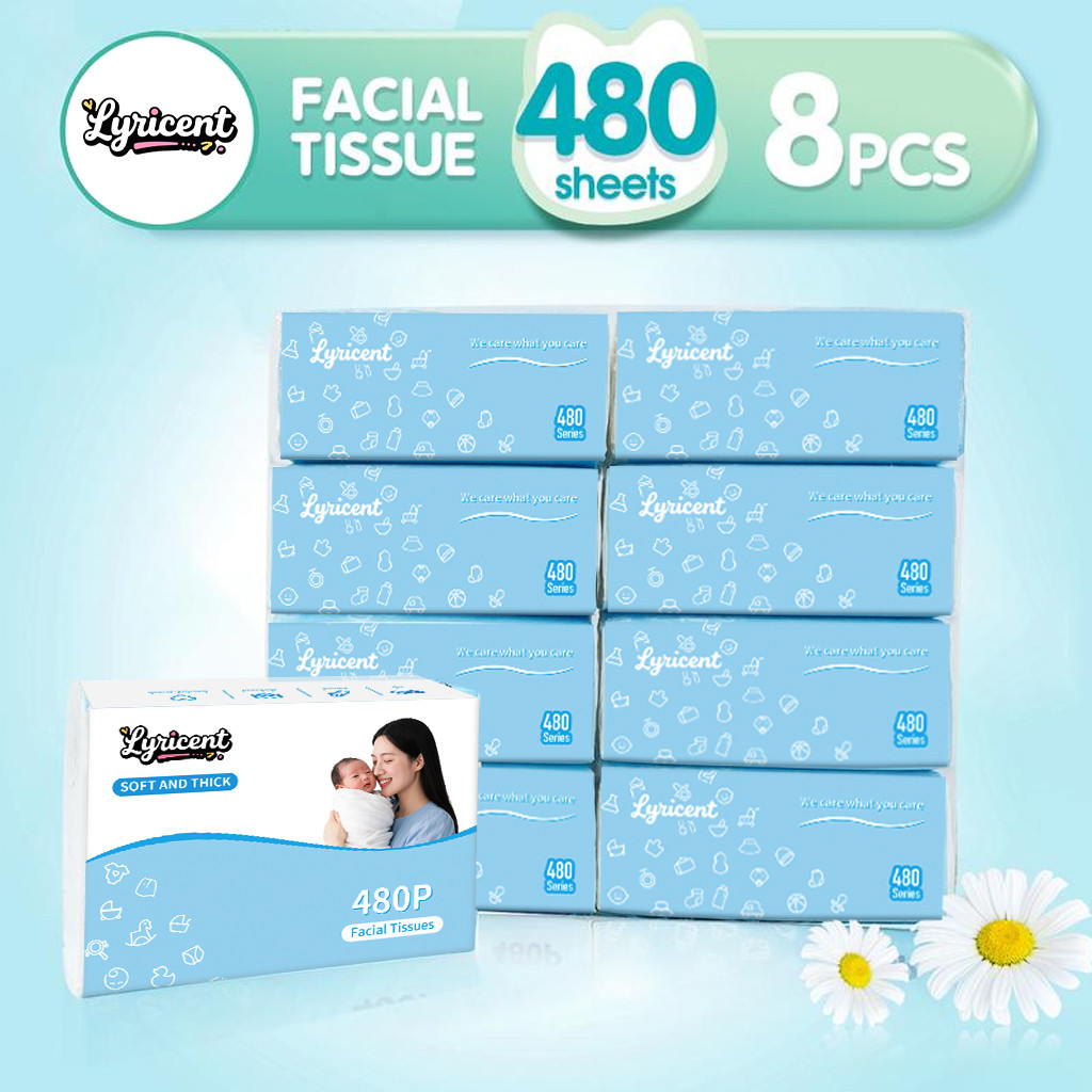 480 sheets Tissue 1pack(8pcs) Organic Facial Tissue Paper towel 3 ply ...