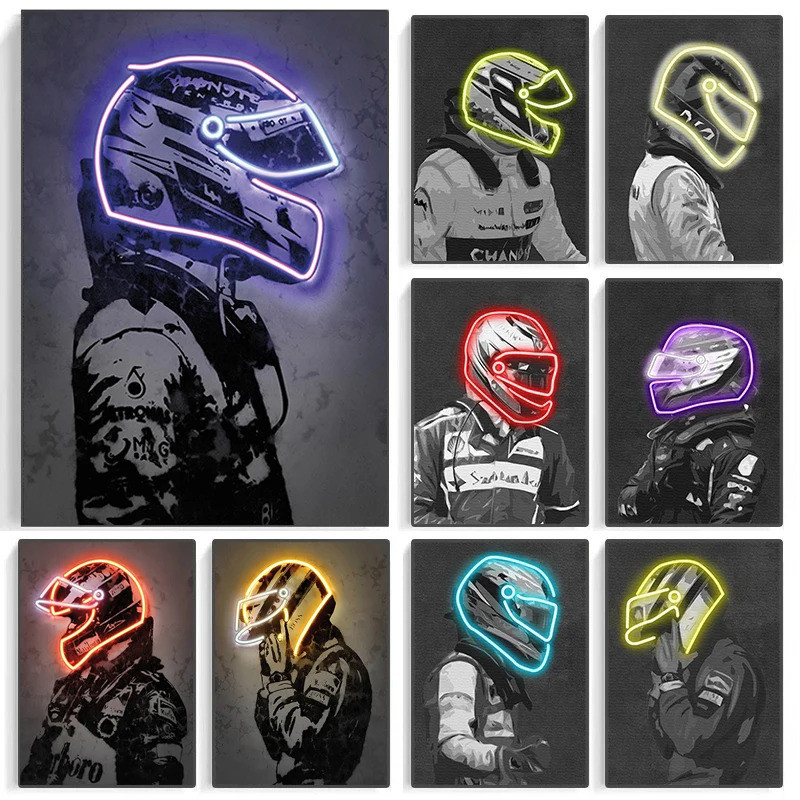 Abstract Neon Effect Helmet Art F1 Racer Posters Prints Wall Art Famous ...