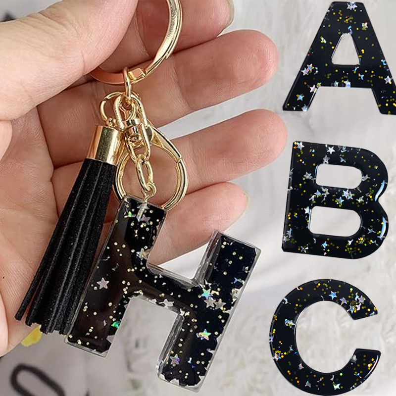Simple Name Initial A-Z Letters Keychain Black Star Debris Filling ...