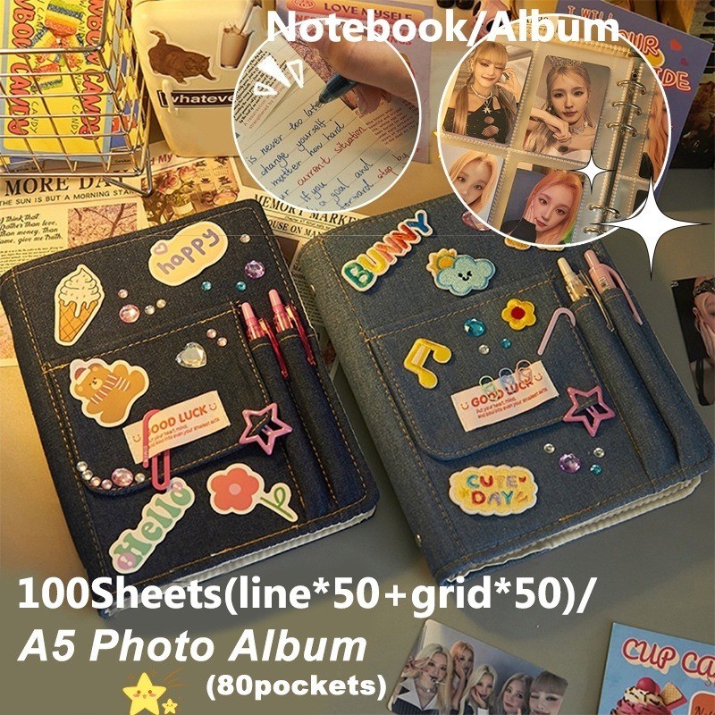 Vintage Binder Album A5 Loose-leaf Denim Photo Album 80 Pockets Kpop ...