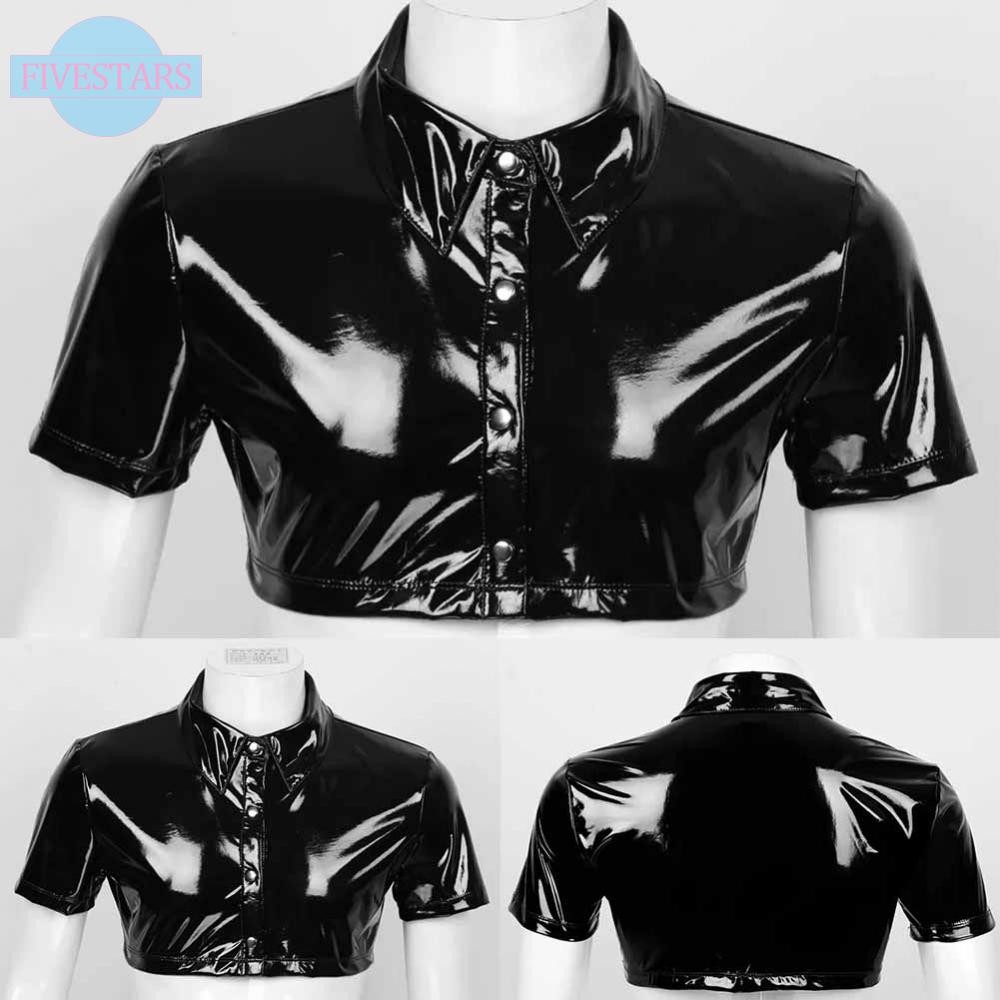 Crop Tops Mens PU PVC Patent Leather Shiny Short Sleeve Slim Soft All ...