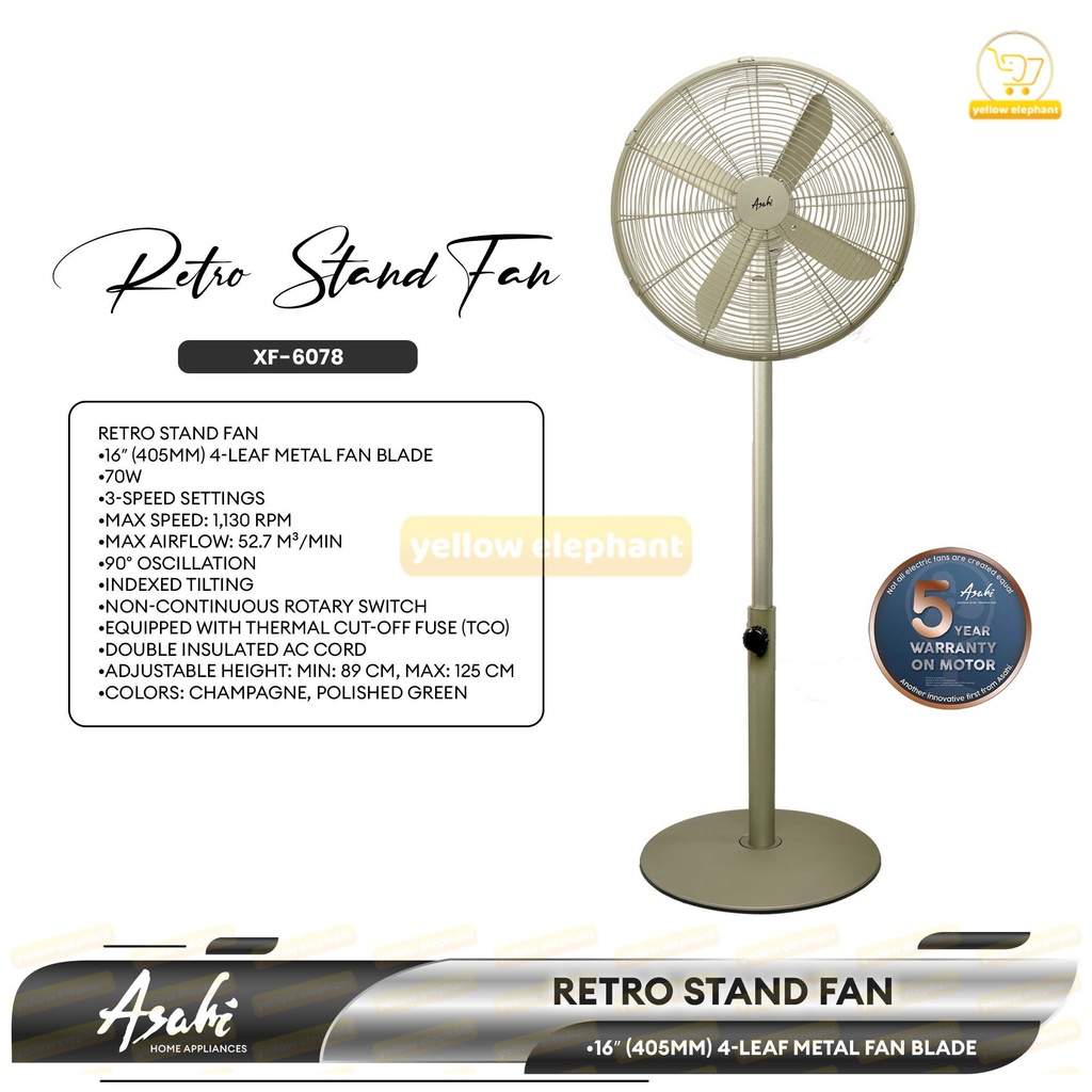 Asahi Retro Style Stand Fan 16 Inch Metal Blade Yellow elephant ...