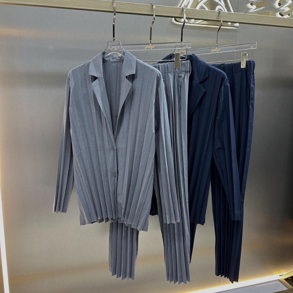 Miyake Pleated Autumn Winter Fashion Suit Jacket+Pants Two-Piece Suit ...