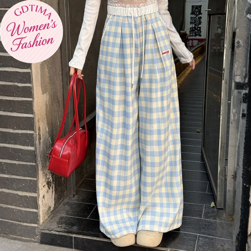 GDTIMA Korean Lace Patchwork Blue Checkered Pants For Women High Waist ...