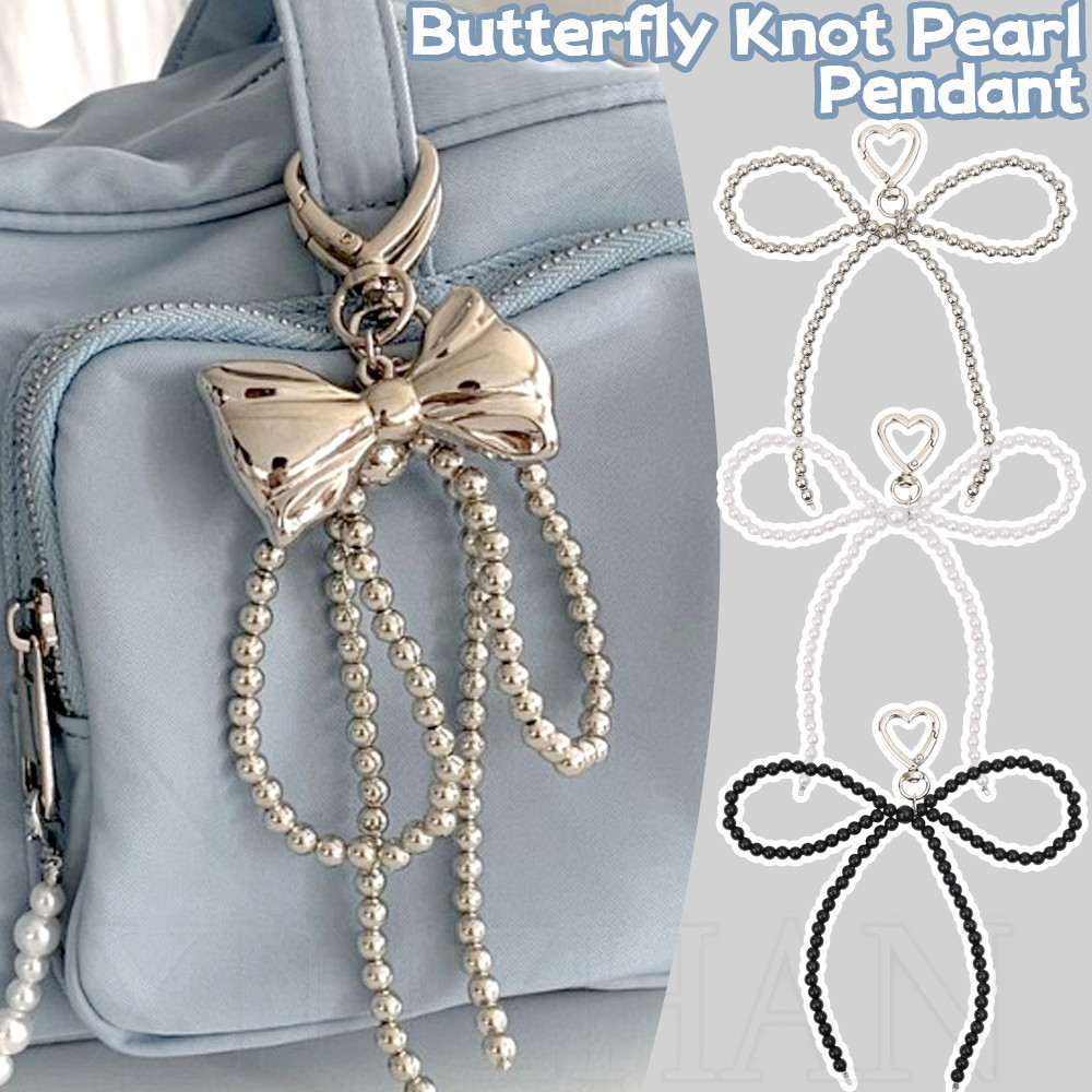 INS Pearl Bowknot Keychain - Sweet Silver Bead Keyring - Y2K Girls Bag ...