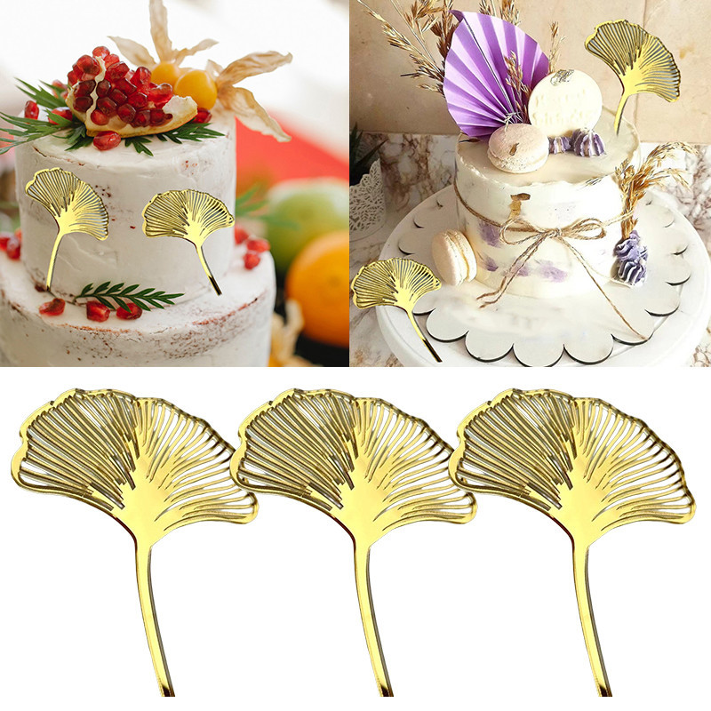 1/5 Pcs Acrylic Gold Ginkgo Leaves Cake Topper Happy Birthday Baking ...