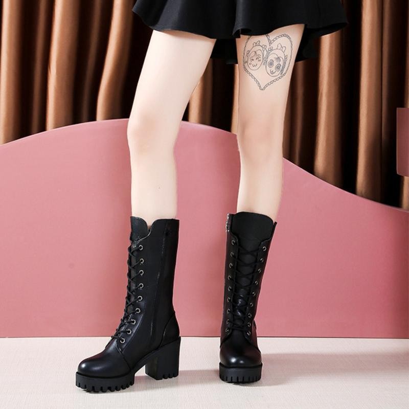 Size 35-41 Coarse Heel Side Zipper Round Toe Mid Top Martin Boots Women ...