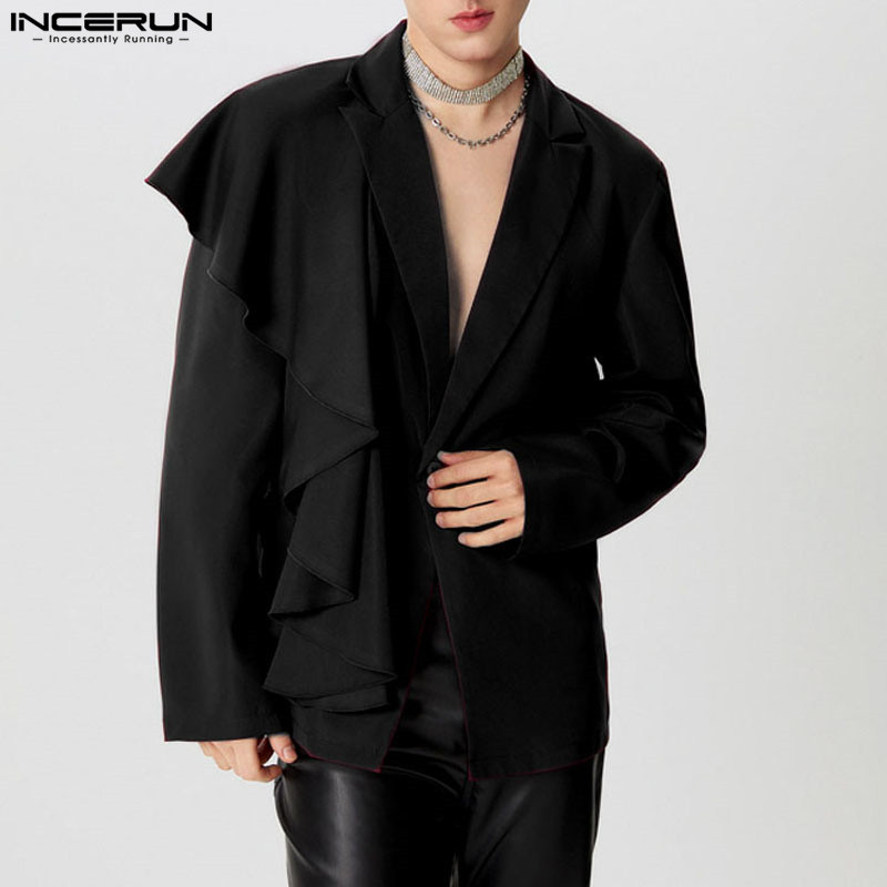 INCERUN Men Vintage Fashion Ruffle Long Sleeve Solid Color Loose Blazer ...