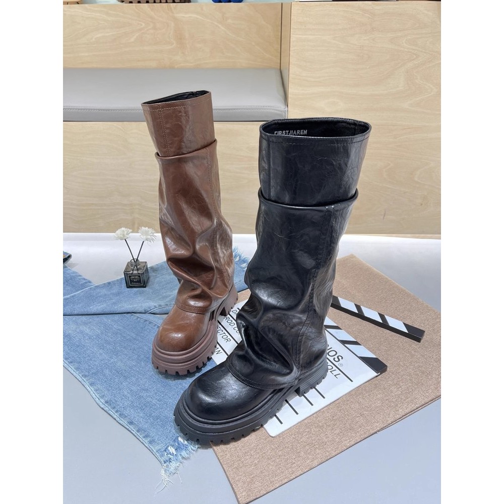 Thick Bottom High-Heel Boots Women Muffin Bottom below the Knee Long ...