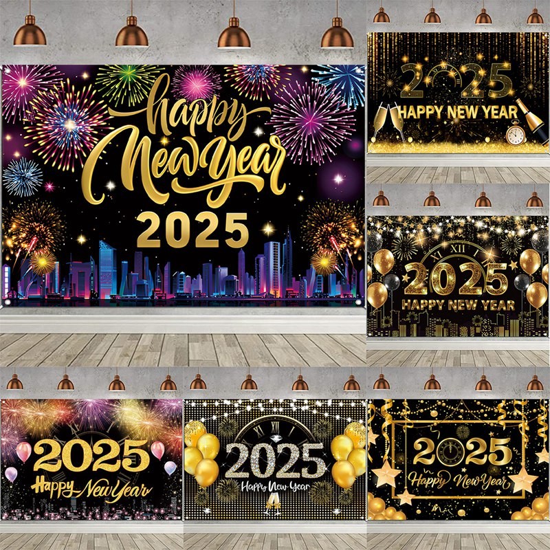 Multicolor Firework Happy New Year Banner Black Gold Background Cloth ...
