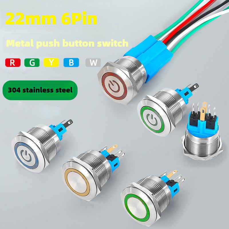 Metal Push Button Switch 22mm 6Pin 24V 220V 3A Momentary Self-reset Self-locking LED Light ...