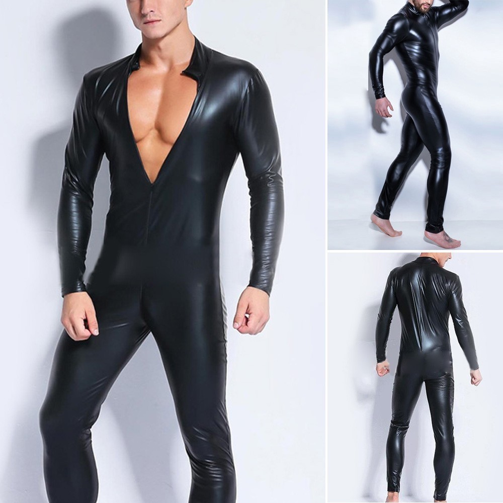 SUPER| Men PVC Leather Black Tight Zip Wetlook Bodysuit Jumpsuit ...