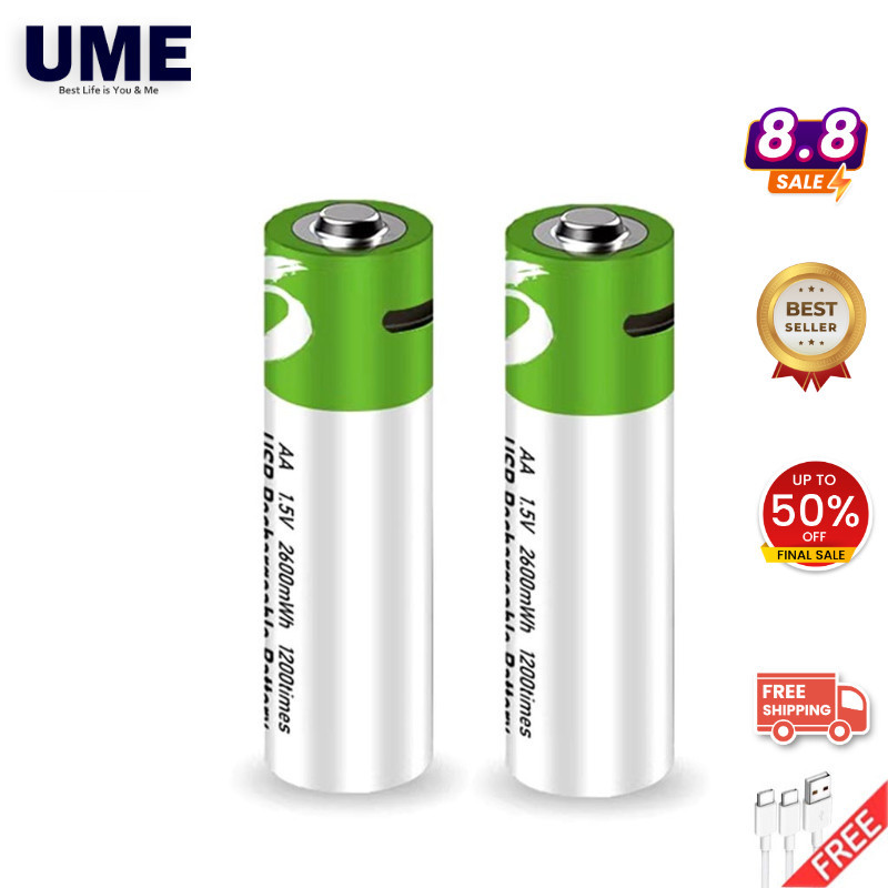 2A Type-C USB Recharge AA Battery 1.5V Rechargeable Lithium Ion ...