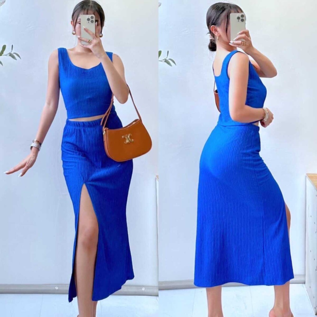 Sunny&Co Crop Sleeveless Top and Slit Skirt Set Coordinates Terno For ...
