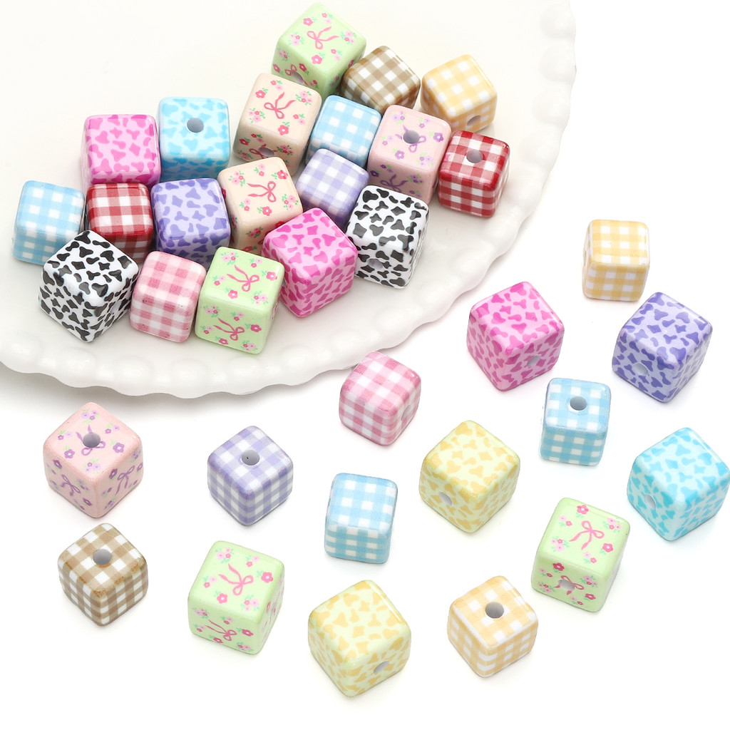 2pcs Printed Square Beads Floral Bow Printed Beads Cow Pattern/Plaid ...