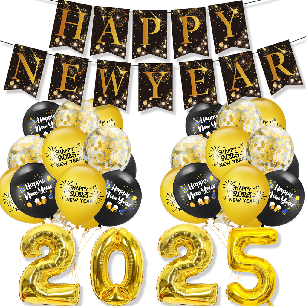 2025 Happy New Year Theme Party Decoration Black Gold Banner Cake ...