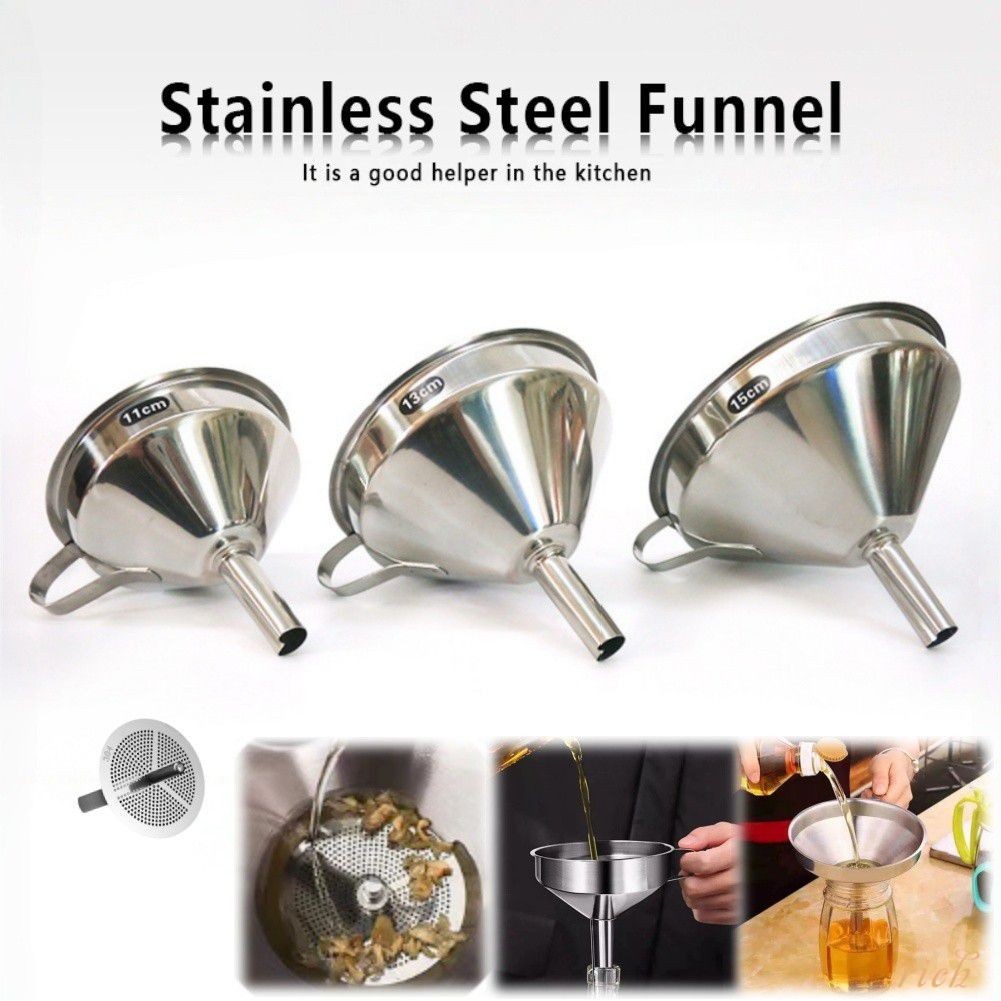 Stainless Steel Funnel with Handle Household Kitchen Pour Oil Tool Cone Hopper Filters, Large ...