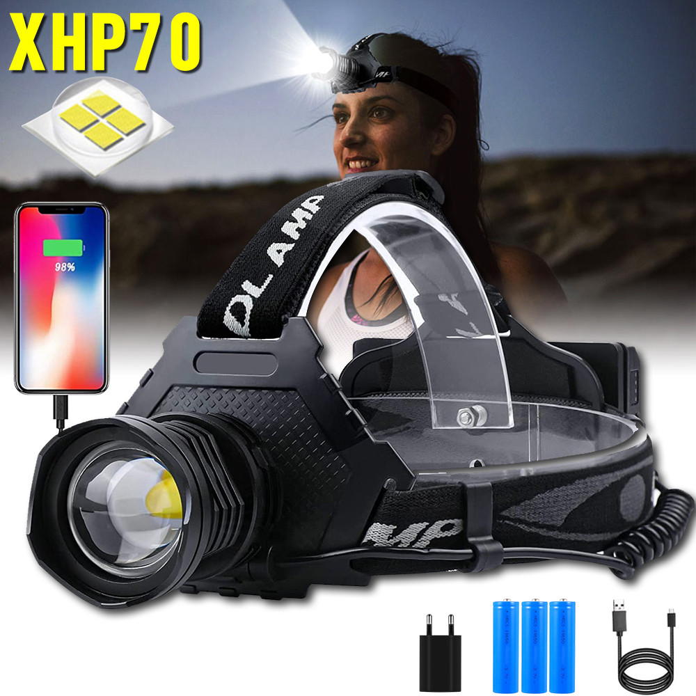 XHP70 LED Rechargeable Headlamp Zoom Waterproof Head Flashlight Output ...