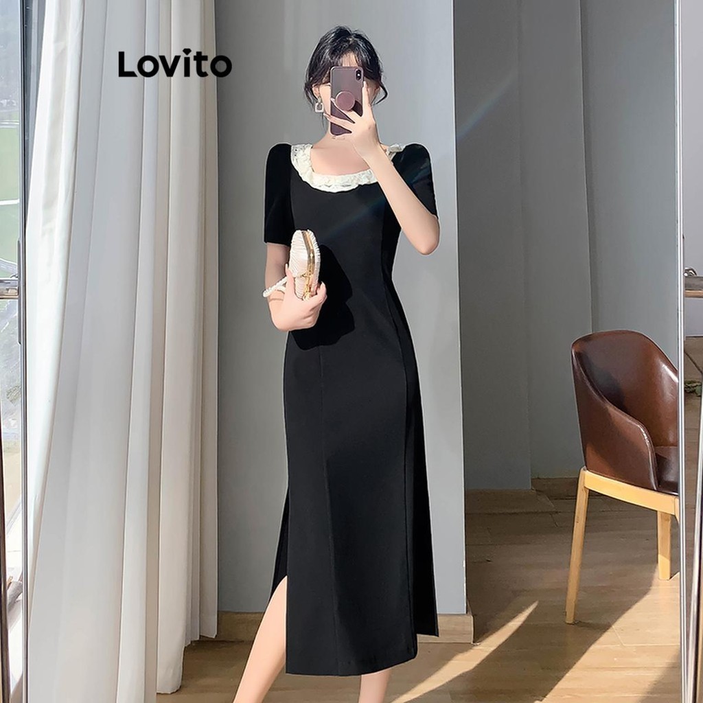 Lovito Women Elegant Patchwork Contrast Binding Dress LNE56142 | Shopee ...