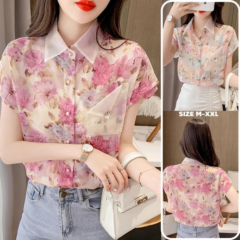 Shirt Hawaiian for Women Fashionable Short-sleeved Collared Shirt Pink ...