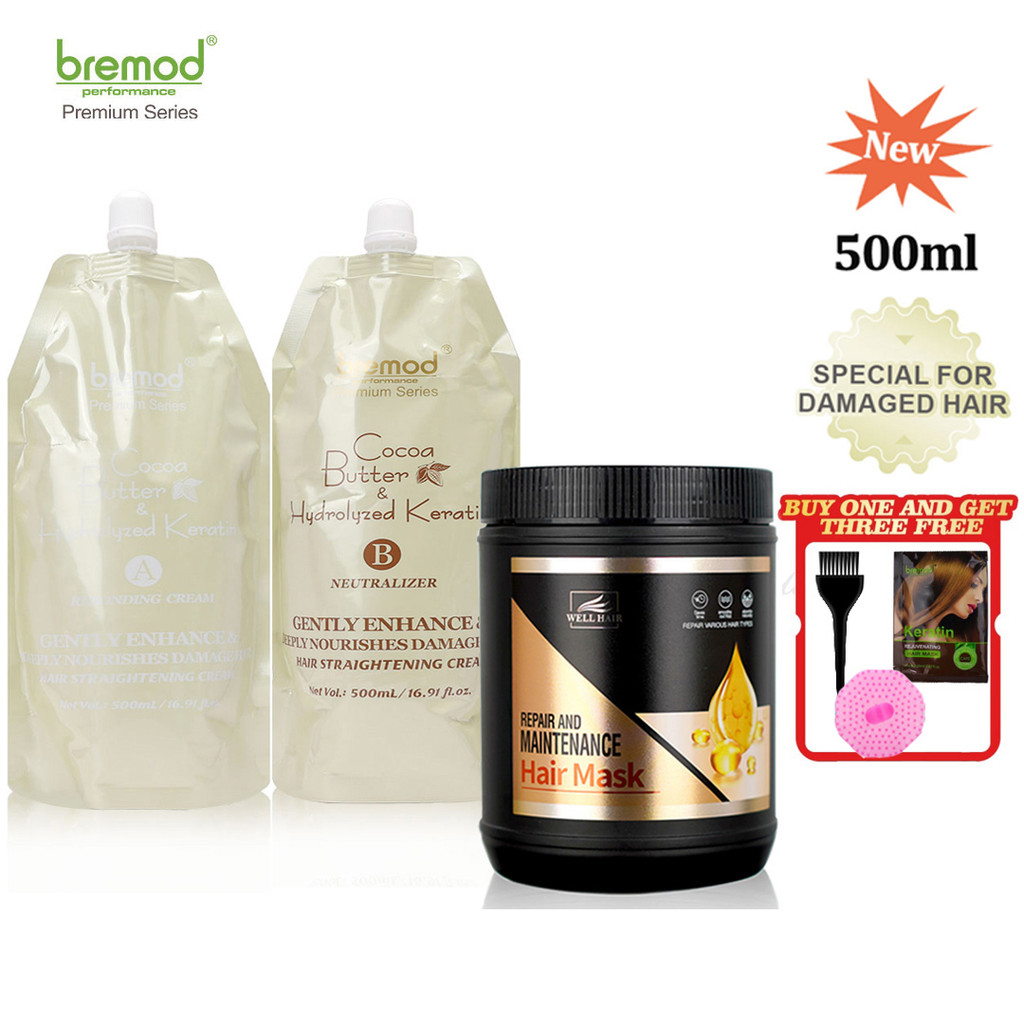 Bremod Cocoa Butter Keratin Rebonding Set 500ml +Well Hair Hair Mask ...