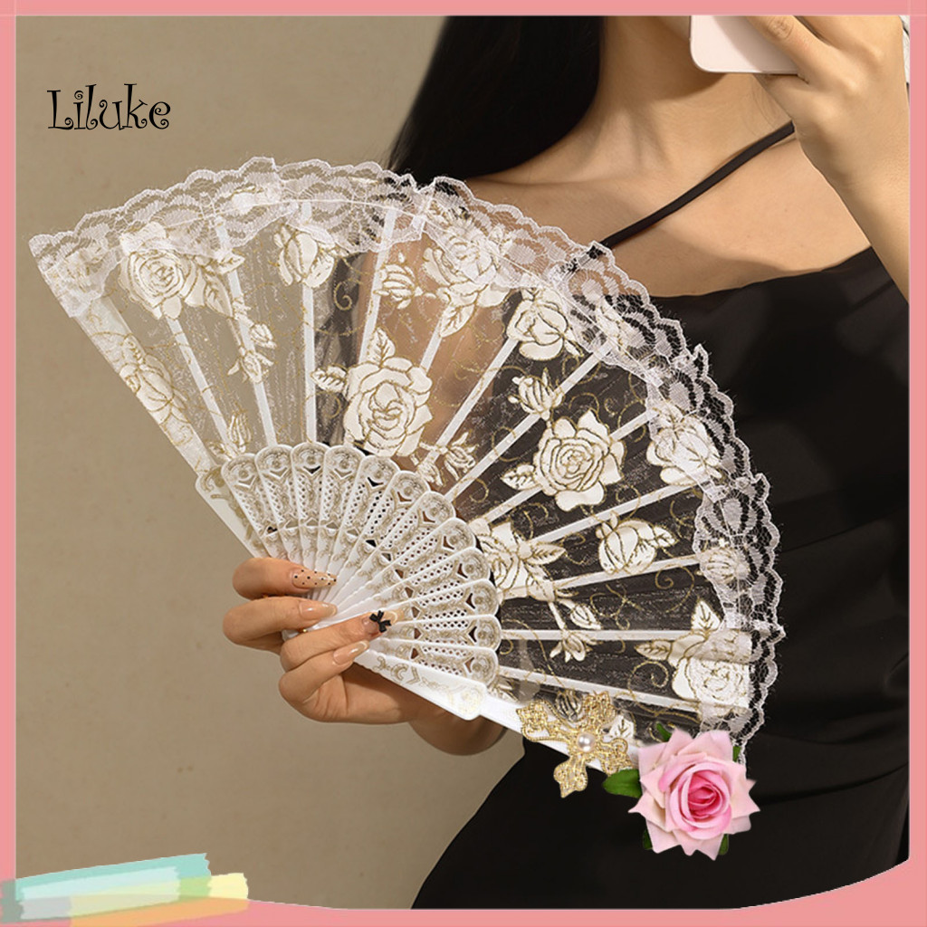 LK Lace Fan Vintage Lace Fan Vintage Lace Handheld Fan with Rose Decor ...