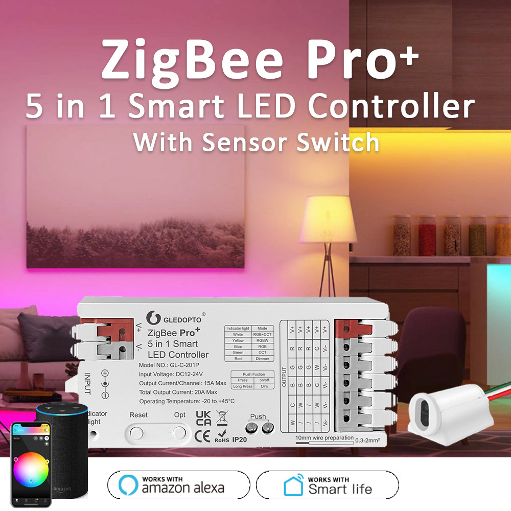 GLEDOPTO ZigBee 5 in 1 LED Controller 20A Max RGBCCT RGBW RGB CCT DIM Smart Life APP Alexa Voice ...