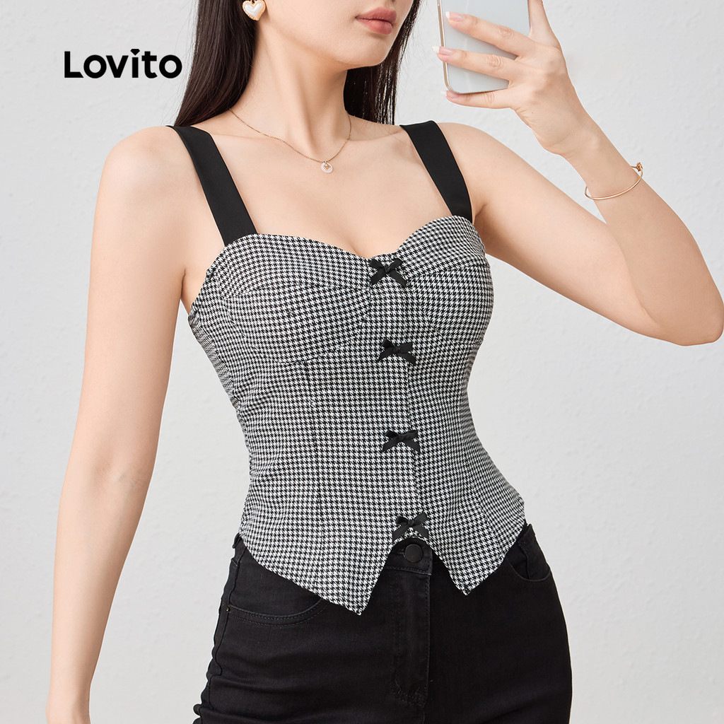 Lovito Elegant Top Checkerboard Bow Summer/Spring Tank Top for Women ...