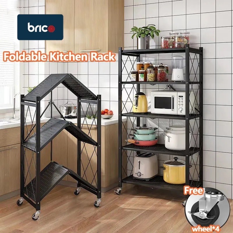 3/4Layer Folding Racks Kitchen Metal Rack Shelves With Wheels Kitchen ...