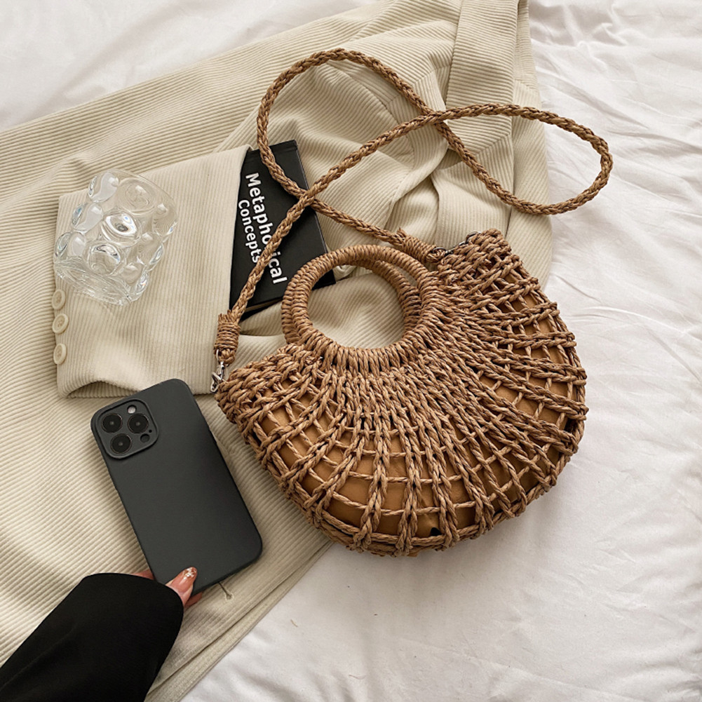 Women Straw Messenger Bag Drawstring Woven Tote Bag Solid Handbag ...