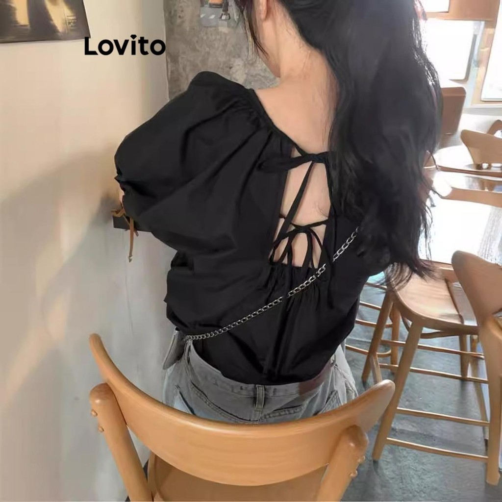 Lovito Women Elegant Plain Tie Back Bow Blouse LNE68381 | Shopee ...