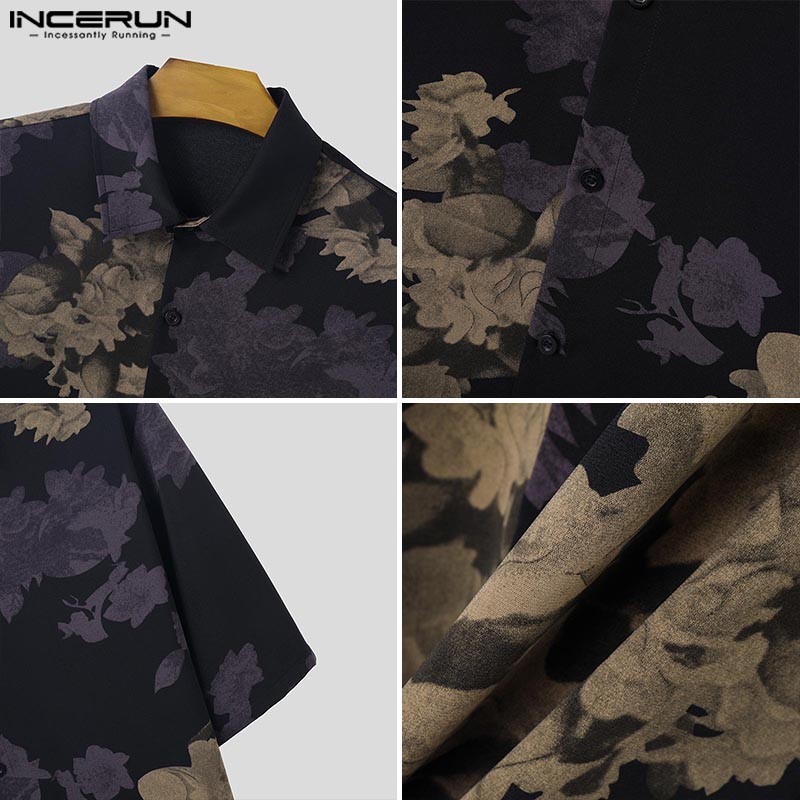 INCERUN Men Korean Casual Floral Printing Loose Short Sleeve Design ...