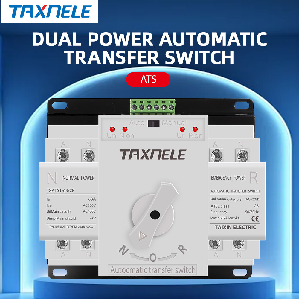 TAXNELE ATS 2P 63A Dual Power Automatic Transfer Switch AC 230V MCB Auto Changeover Switch ...