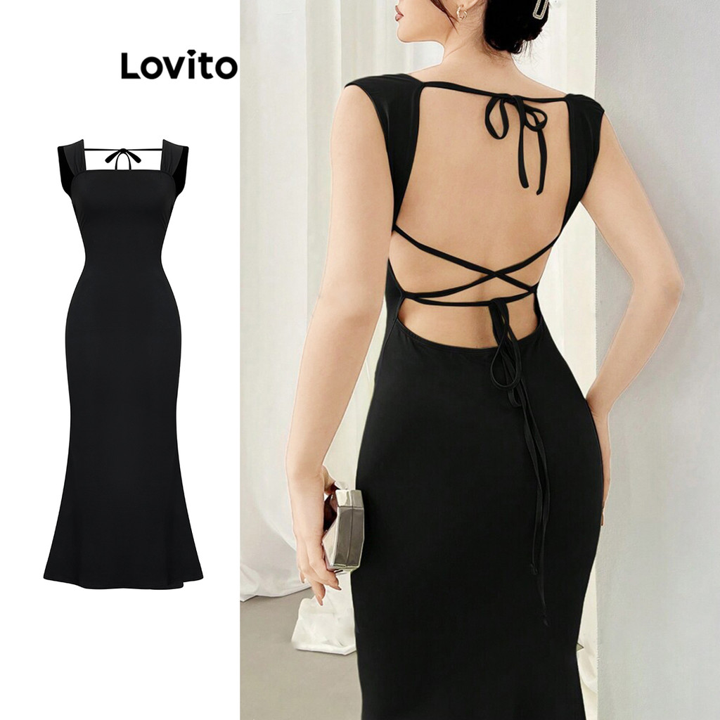 Lovito Women Elegant Plain Ruffle Hem Backless Criss Cross Dress
