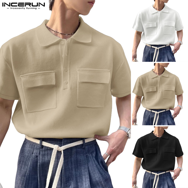 INCERUN Men's Knitted Double Pocket Solid Color Short Sleeve Collar T ...