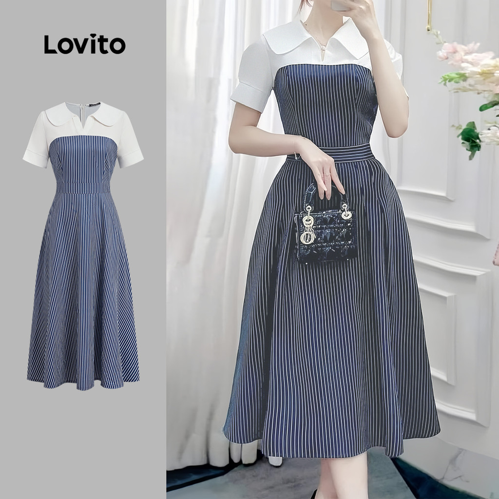 Lovito Women Elegant Dress Geometric Spring/summer Dark Blue Dress ...