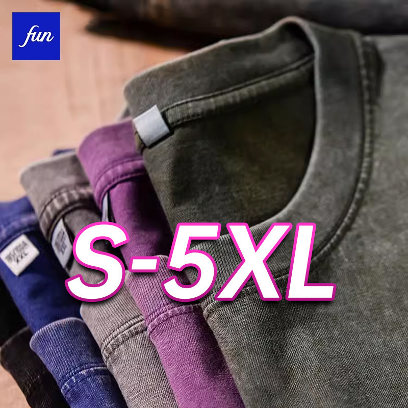 [5XL] 240g Pure Cotton Large Distressed Short-Sleeved T-Shirt Batik Washed Dropped Shoulder ...